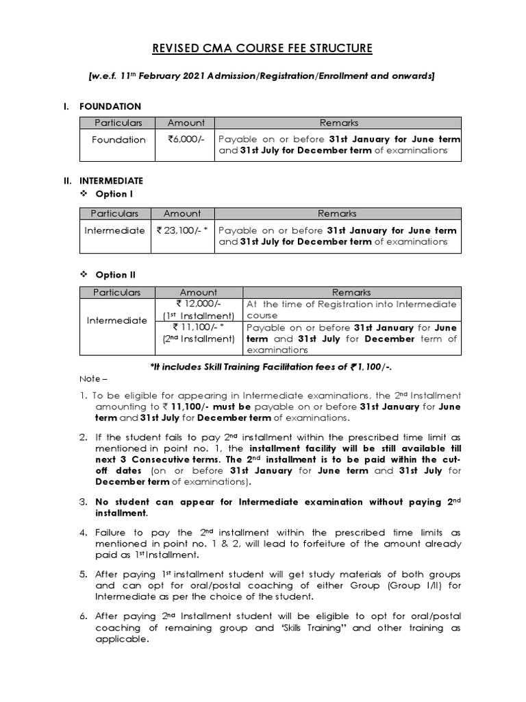 Revised Cma Course Fee Structure: (W.e.f. 11 February 2021 Admission ...