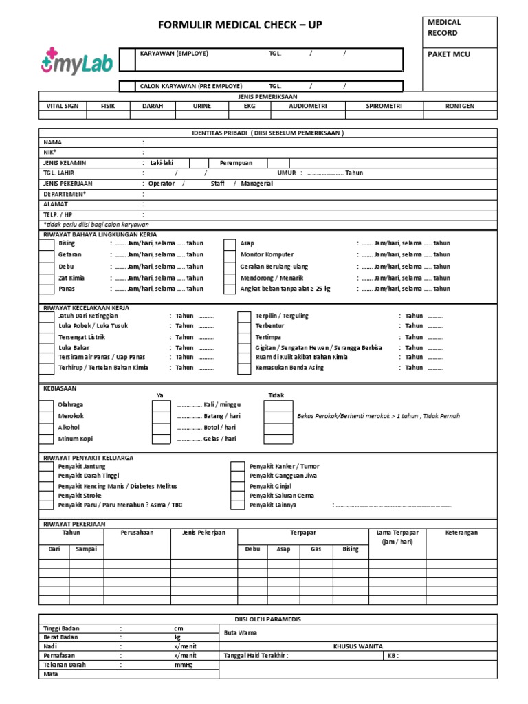 Formulir Medical Checkup Mylab | PDF