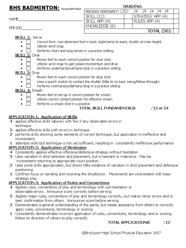 Badminton Review Sheet SB (PDF Library) | PDF | Cognition | Psychology