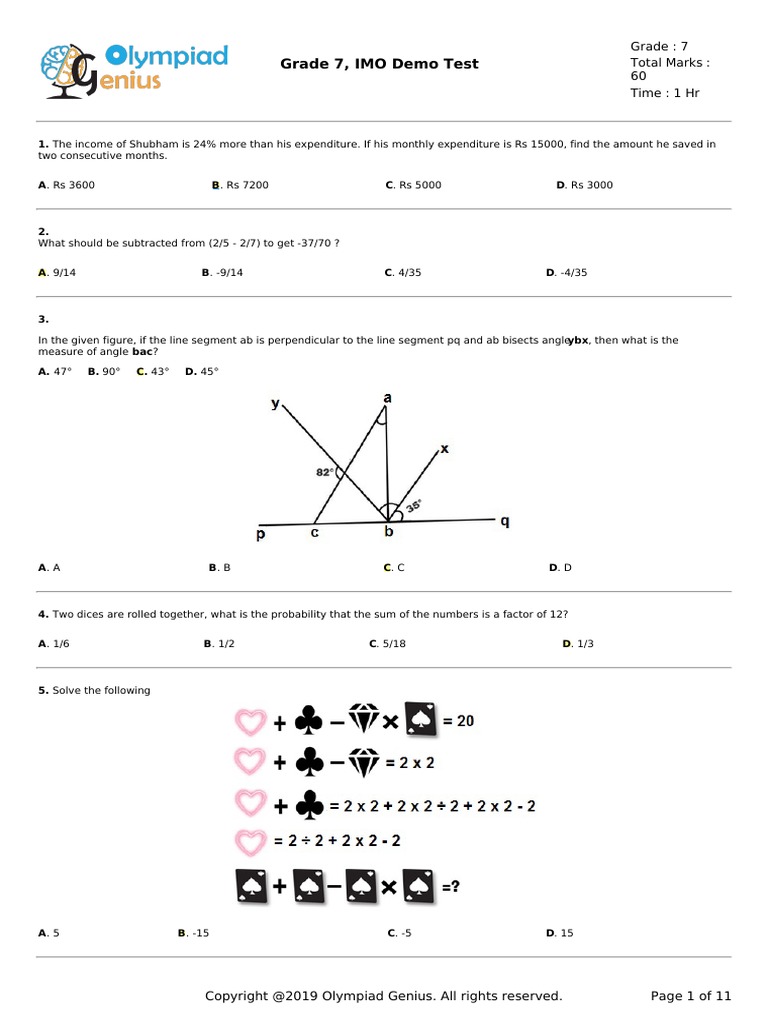 Grade 7, IMO Demo Test: Two Consecutive Months | PDF | Triangle ...