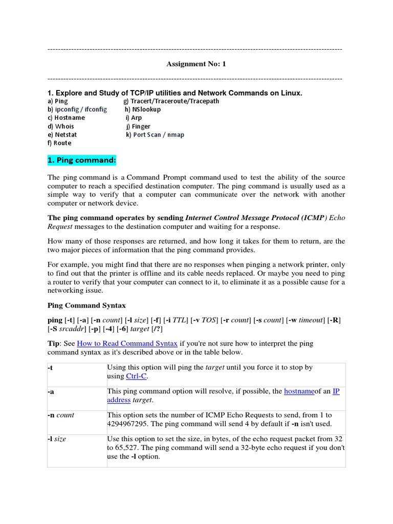 Ping Command:: Assignment No: 1 | PDF | Port (Computer Networking) | Communications Protocols