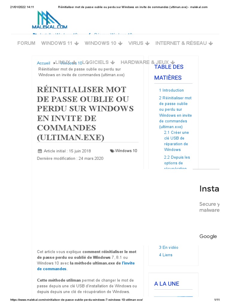 Réinitialiser Mot de Passe Oublie Ou Perdu Sur Windows en Invite de Commandes (Ultiman - Exe ...
