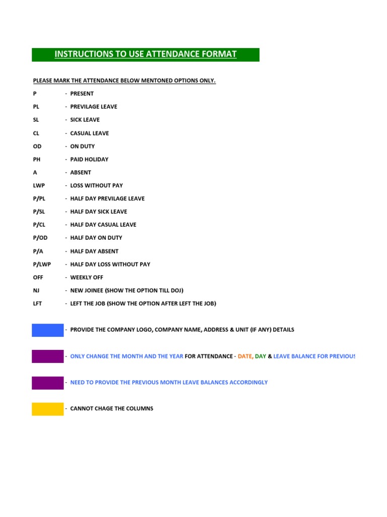 Instructions To Use Attendance Format: P, PL, SL, CL, OD, PH, A, LWP ...