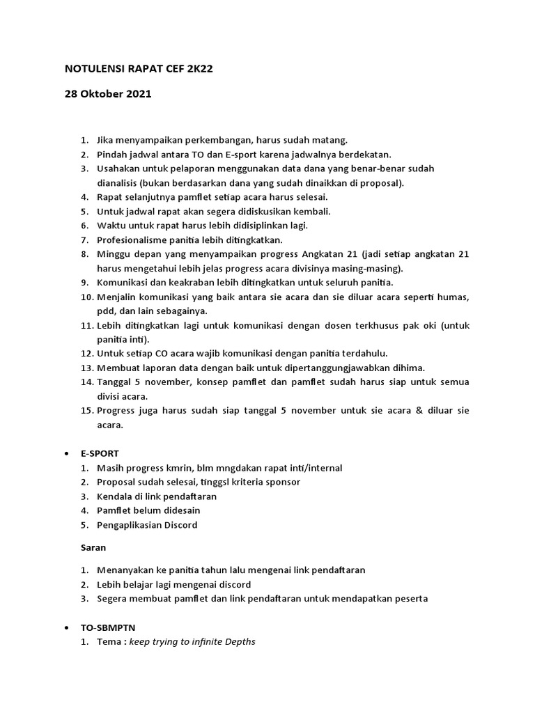 Notulensi Rapat Cef 2k22 28 Okt 2k21 | PDF