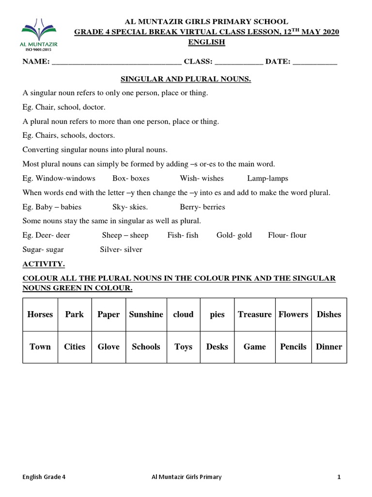Singular and Plural Nouns Worksheet | PDF | Linguistics | Grammatical ...