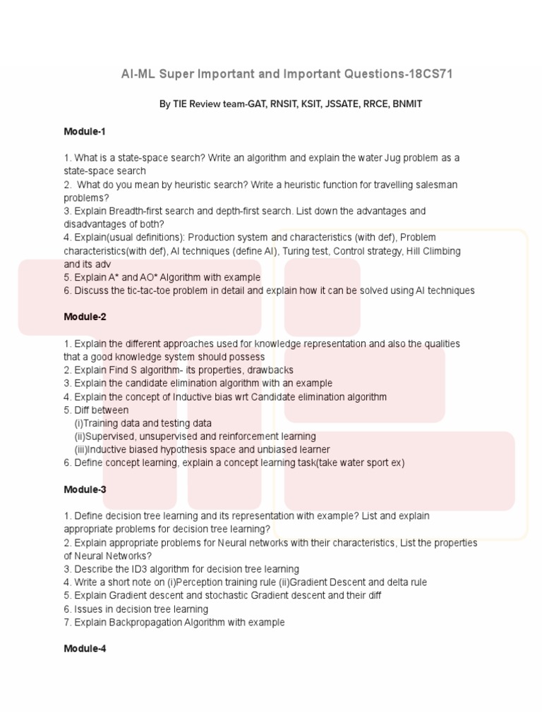 AI-ML Super Important and Important Questions-18CS71: by Tie Review Team-Gat, Rnsit, Ksit ...
