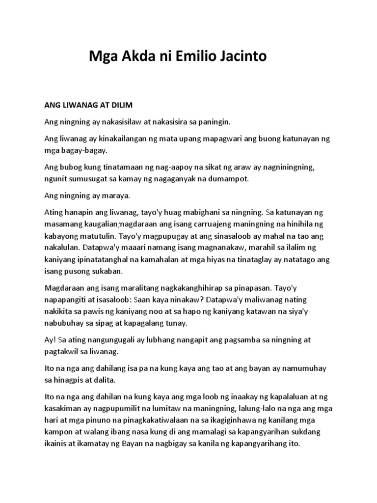 Mga Akda Ni Emilio Jacinto | PDF
