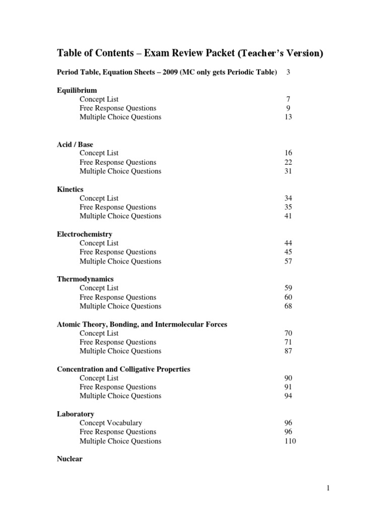 Table of Contents - Exam Review Packet (Teacher's Version) | PDF | Acid ...