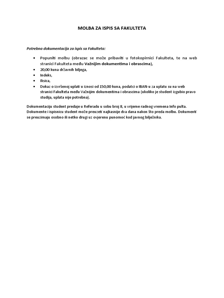 Molba Za Ispis Sa Fakulteta | PDF