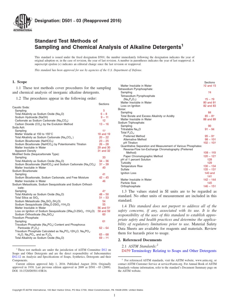 Sampling and Chemical Analysis of Alkaline Detergents: Standard Test ...