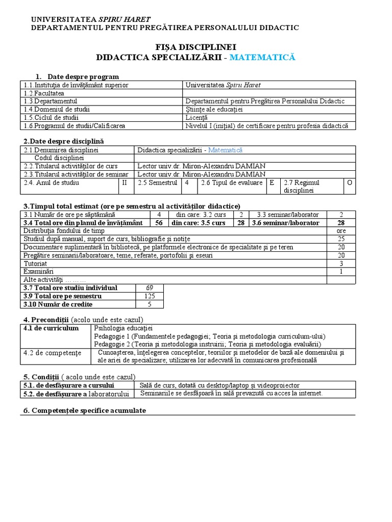 Fisa Disciplinei Didactica Specializarii Matematica - 2020 - 2021 | PDF