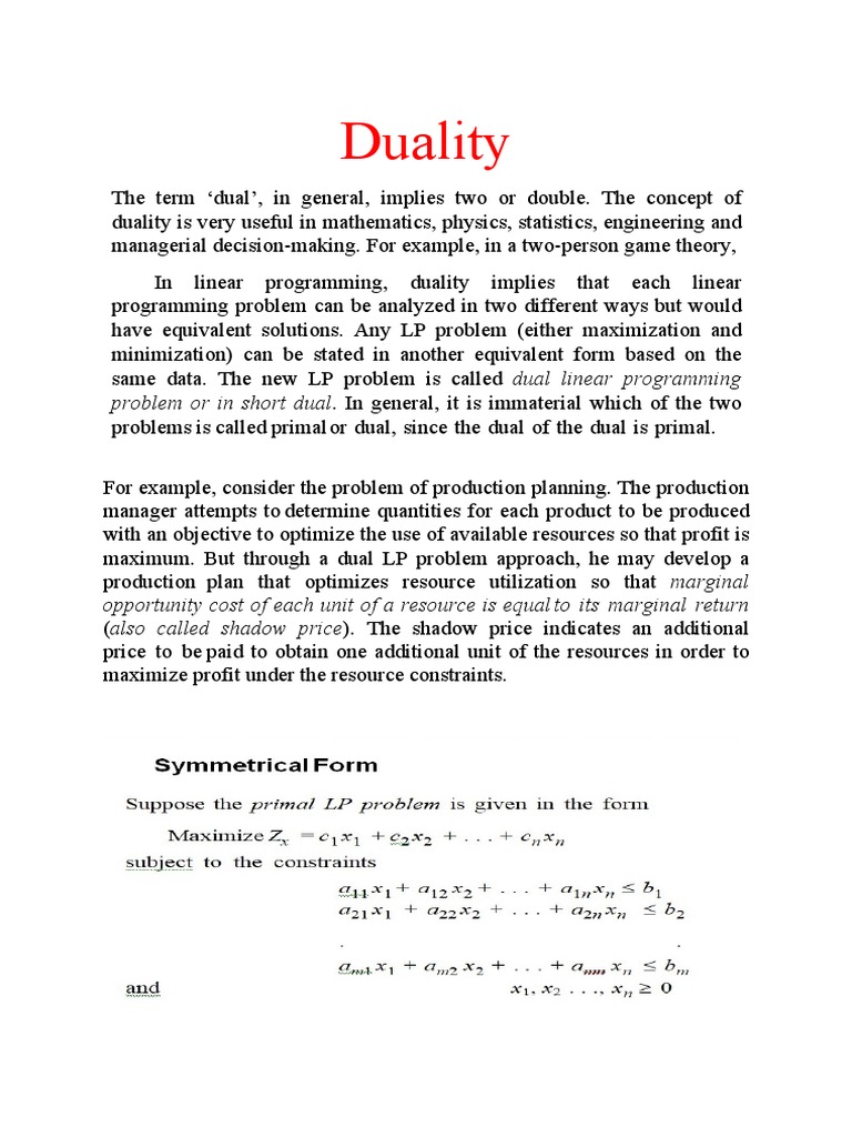 Duality: Problem or in Short Dual. in General, It Is Immaterial Which ...