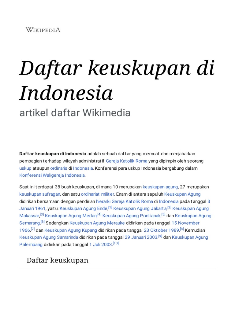Daftar Keuskupan Di Indonesia - Wikipedia Bahasa Indonesia, Ensiklopedia Bebas | PDF