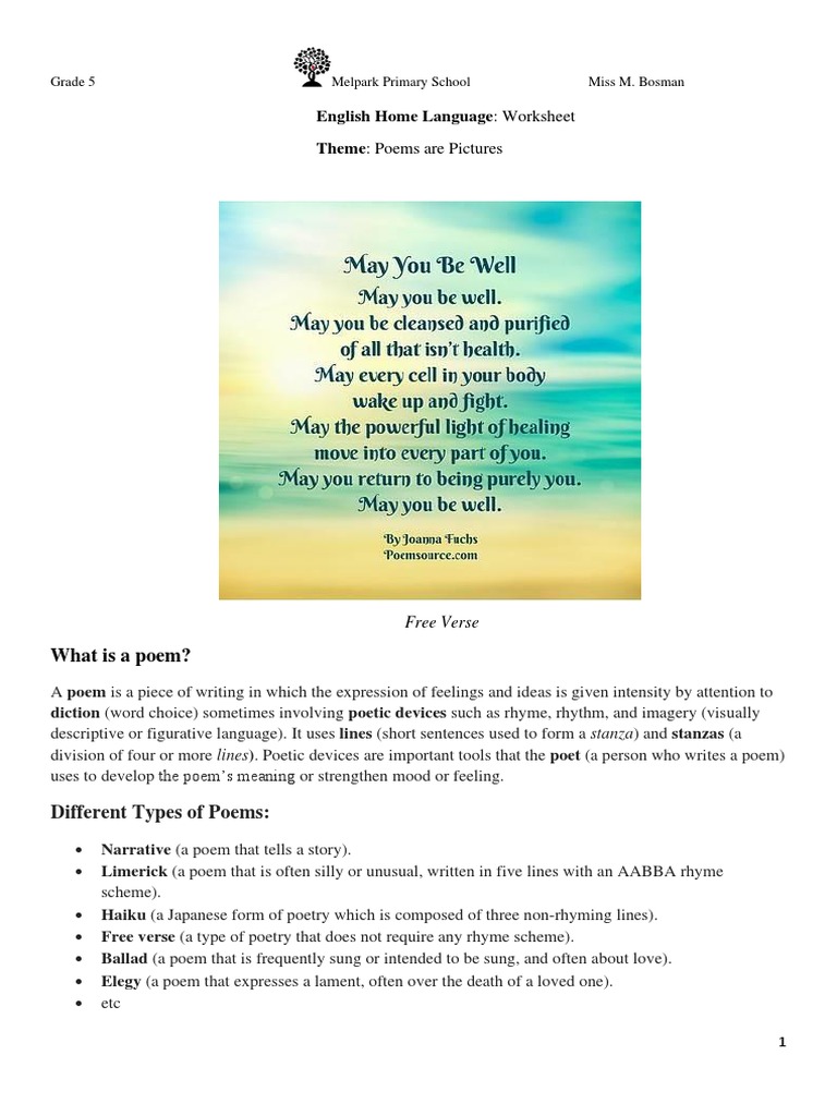 Grade 5 English Worksheet | PDF | Poetry | Linguistics
