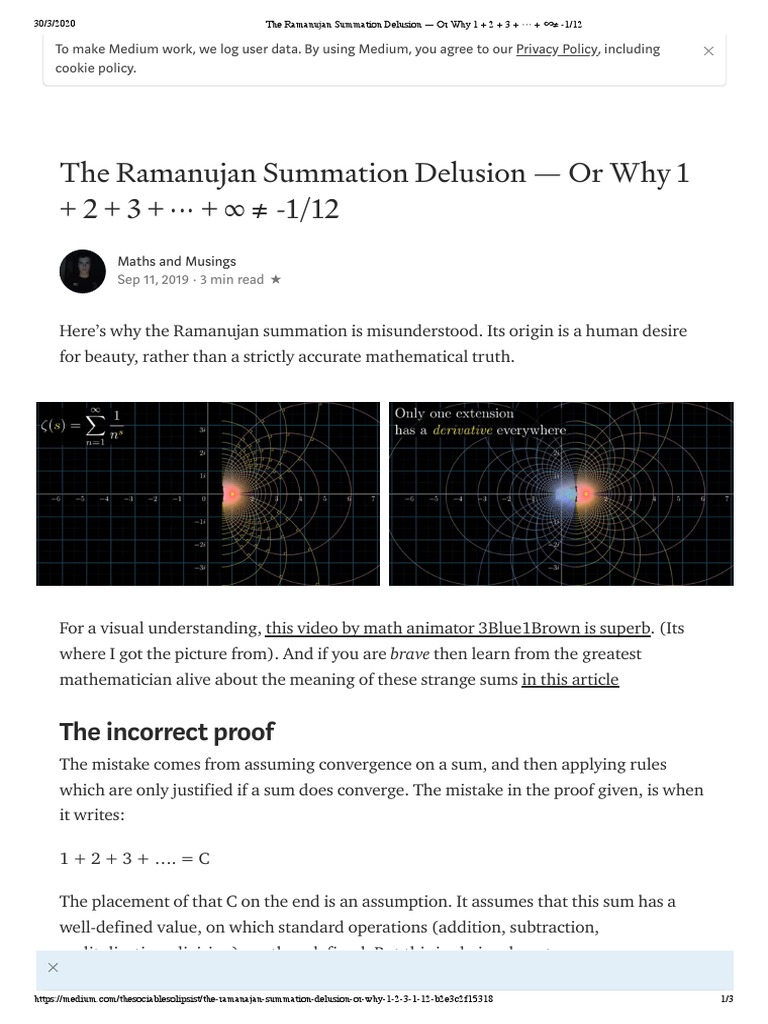 The Ramanujan Summation Delusion - or Why 1 + 2 + 3 + + - 1 - 12 | PDF ...