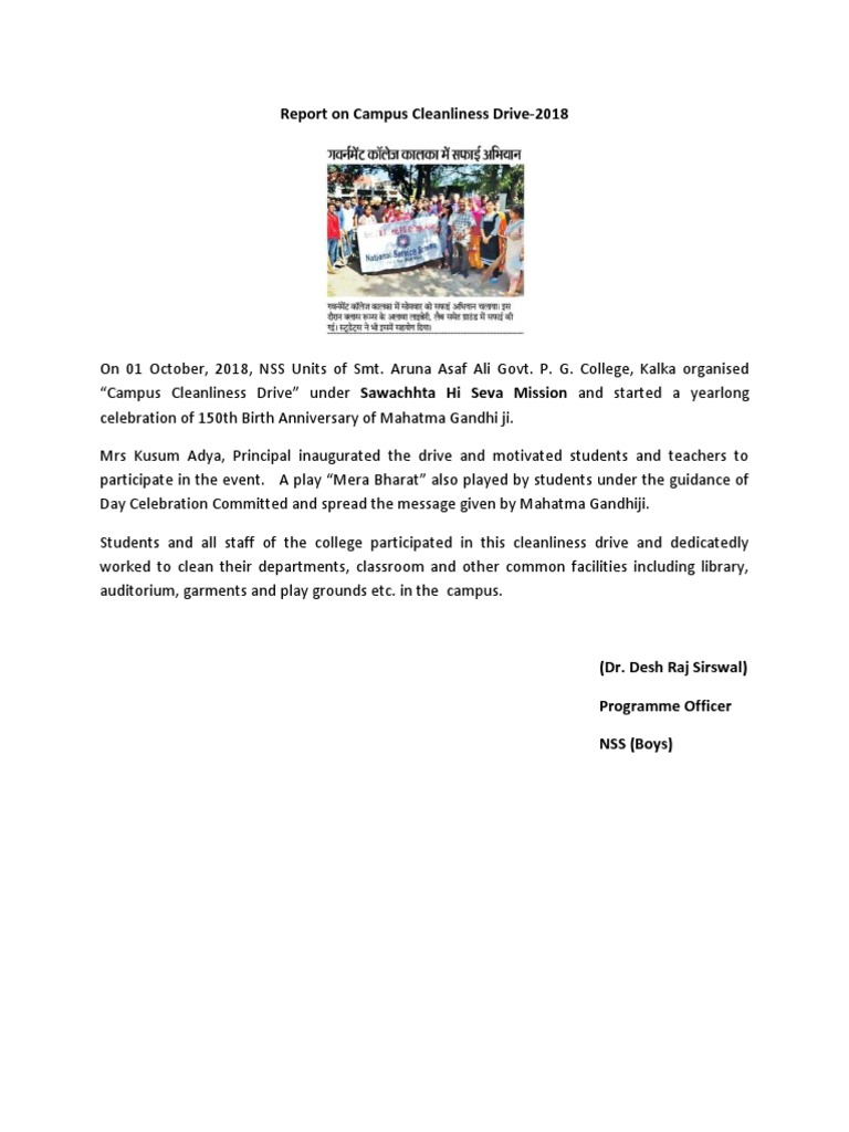 Report On Campus Cleanliesss Drive 2018 | PDF