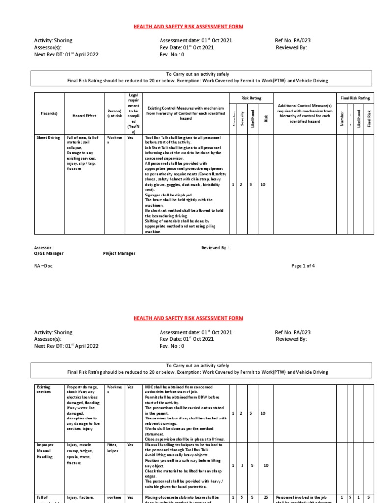 Health and Safety Risk Assessment Form | PDF | Risk | Risk Assessment