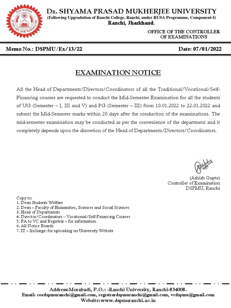 DSPMU Mid-Semester Exam Notice | PDF