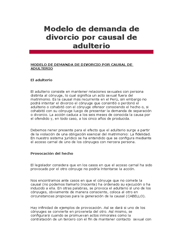 Modelo de Demanda de Divorcio Por Causal de Adulterio F.H | PDF | Divorcio | Adulterio