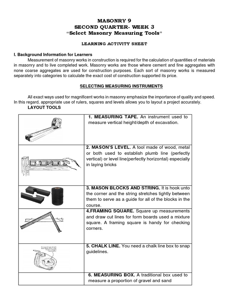 Masonry 9 Second Quarter-Week 3 Select Masonry Measuring Tools | PDF ...