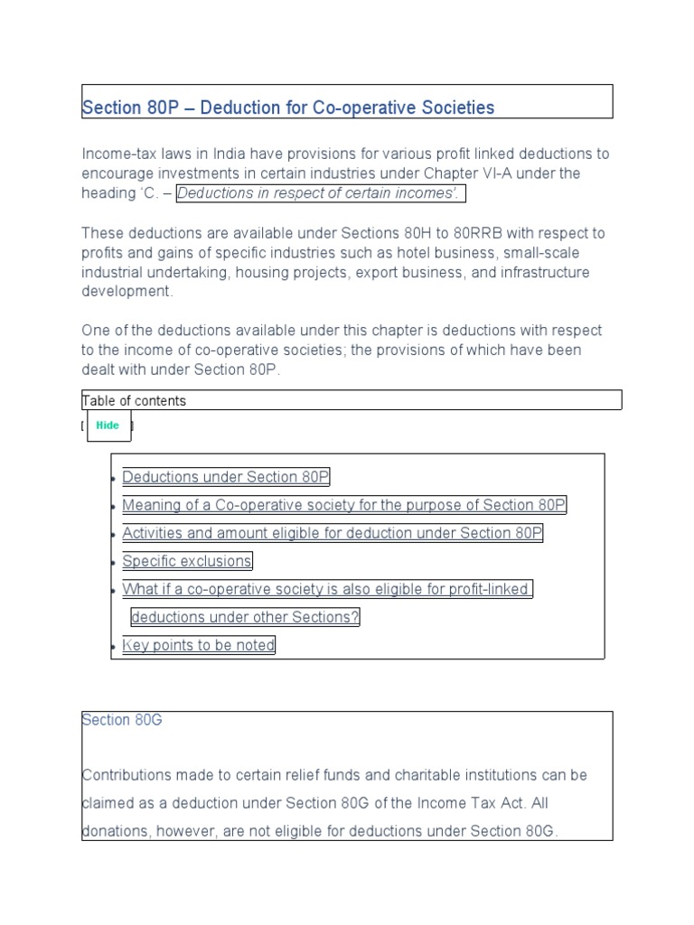 Section 80P - Deduction For Co-Operative Societies | PDF | Tax ...