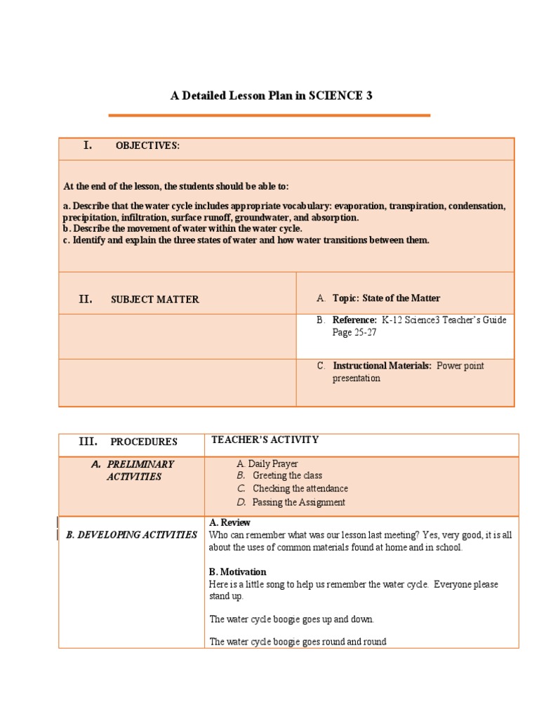 A Detailed Lesson Plan in SCIENCE 3: Preliminary Activities | PDF ...
