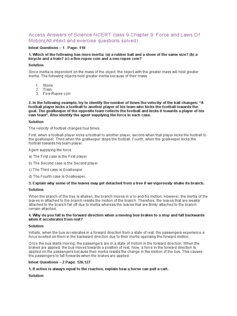 Access Answers of Science NCERT Class 9 Chapter 9: Force and Laws of ...
