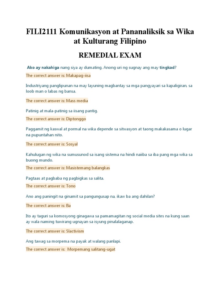 FILI2111 Komunikasyon at Pananaliksik Sa Wika (Remedial Exam) WEWO! | PDF