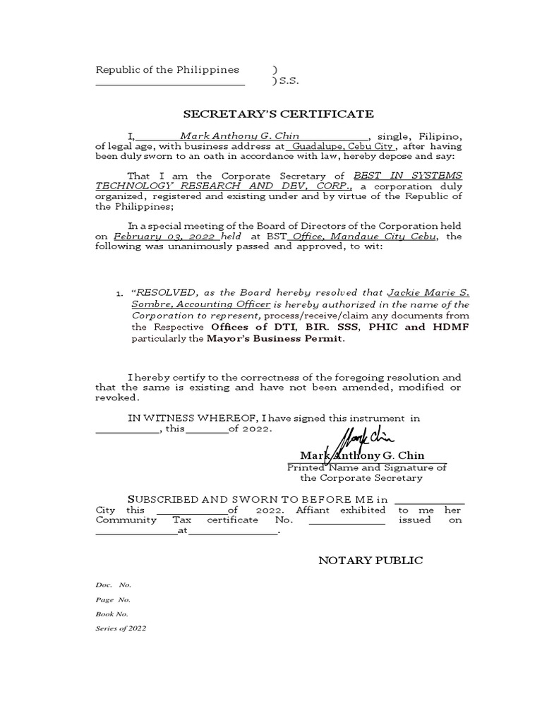 Secretary's Certificate of Authorization | PDF