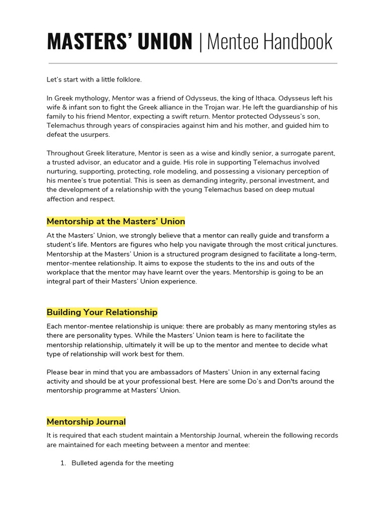 Masters' Union: - Mentee Handbook | PDF | Mentorship | Applied Psychology