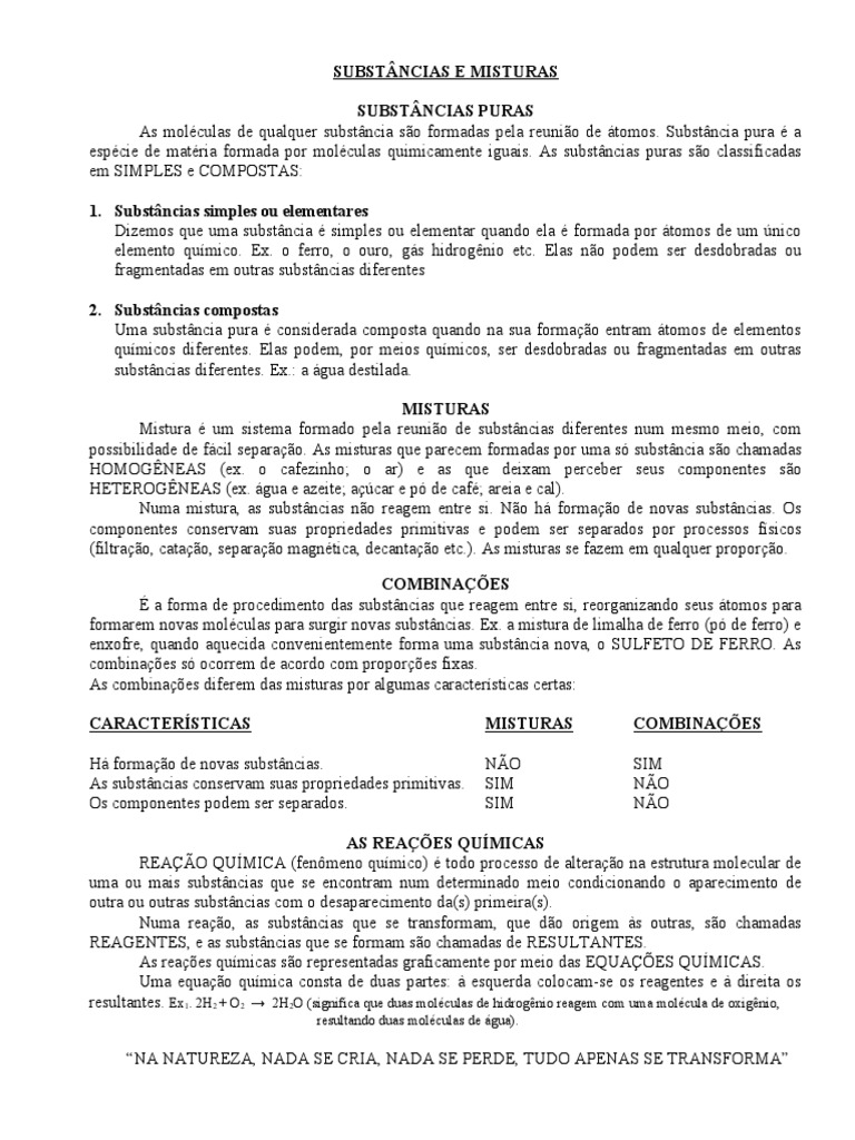 Substâncias E Misturas Pdf Substancias Químicas Química