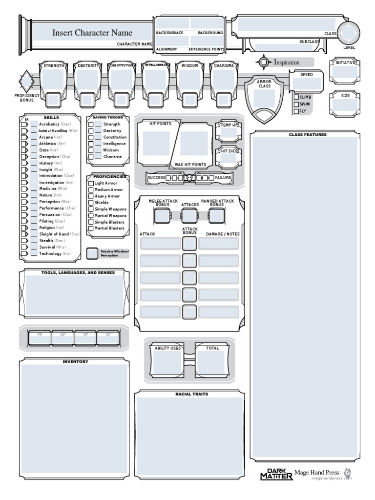 Dark Matter Character Sheet (Fillable) | PDF | Role Playing Games