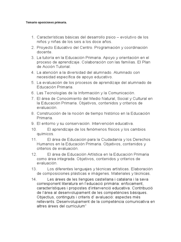Temario Oposiciones Primaria | PDF | Educación primaria | Aprendizaje