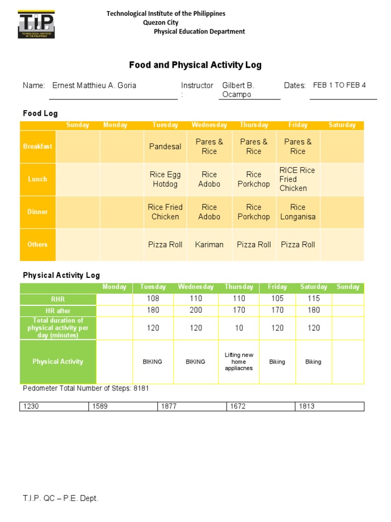 Food and Physical Activity Log | PDF | Food And Drink Preparation ...