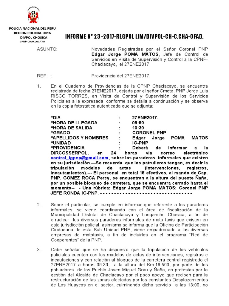 Informe Nro. 23 Vista de Ig PNP Crnl. PNP Poma Matos | PDF
