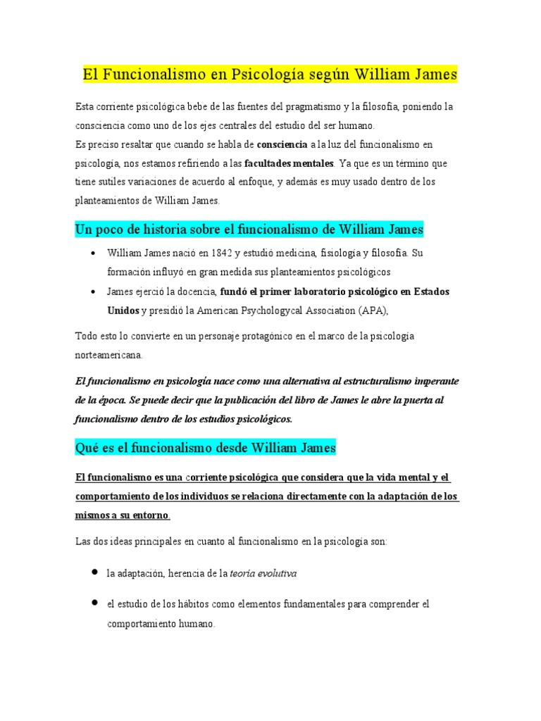 El Funcionalismo en Psicología Según William James | PDF | Sicología | Ciencias del comportamiento