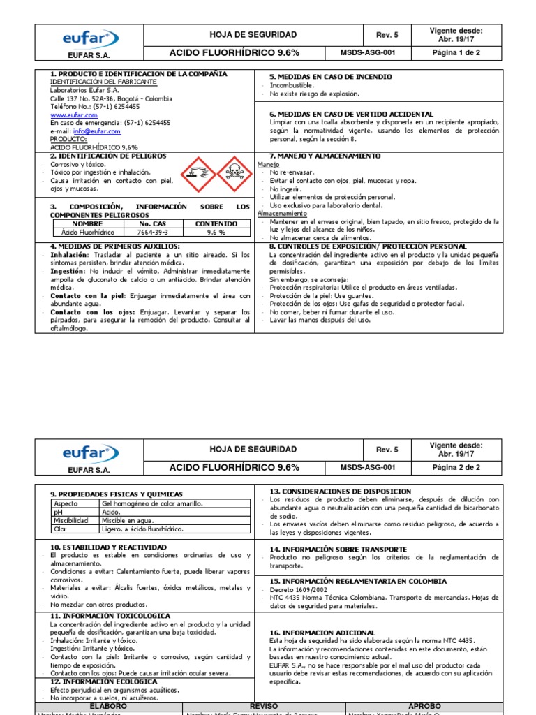 Acido Fluorhidrico Eufar Ficha de Seguridad | PDF | Agua | Sustancias químicas