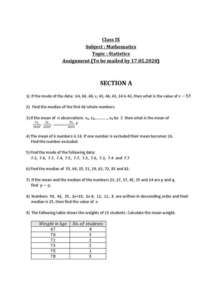 Section A: Class IX Subject: Mathematics Topic: Statistics Assignment ...