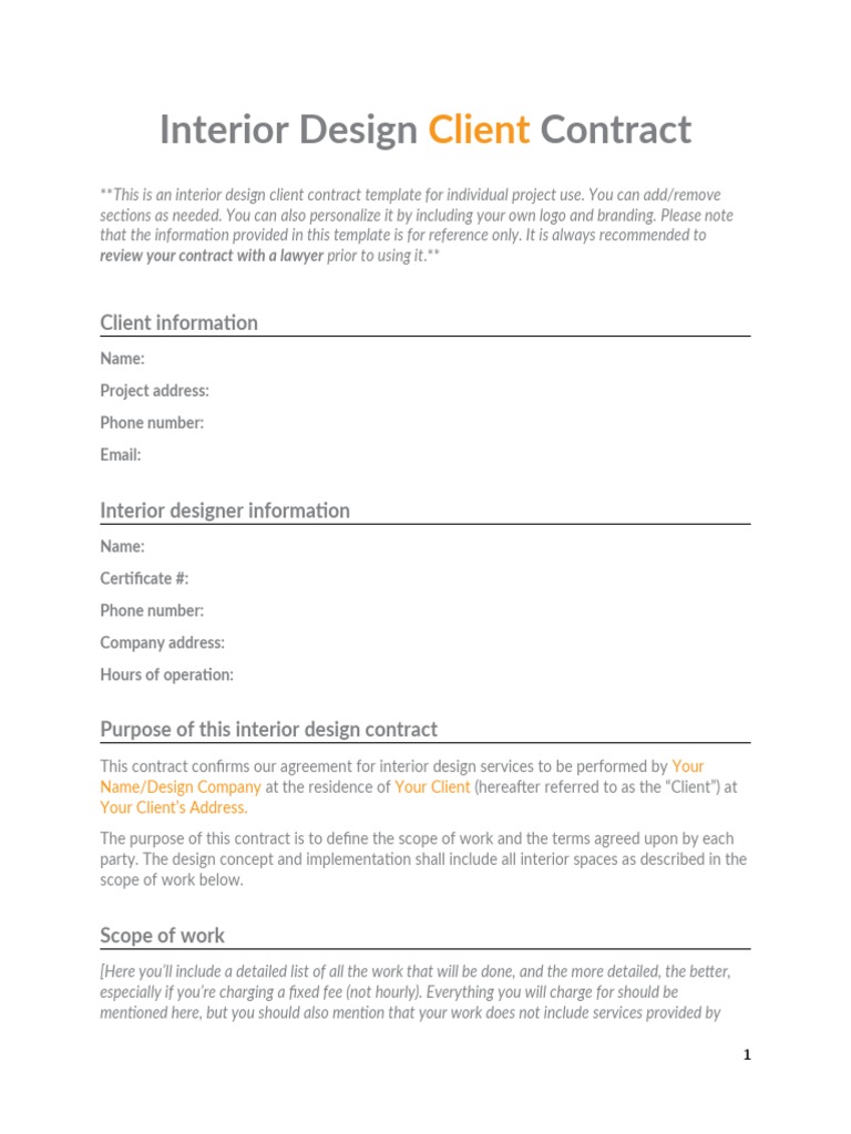 Interior Design Client Contract | PDF | Fee | Insurance