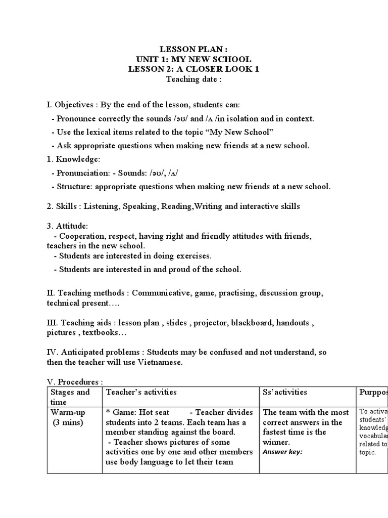 Lesson Plan: Unit 1: My New School Lesson 2: A Closer Look 1 | PDF ...