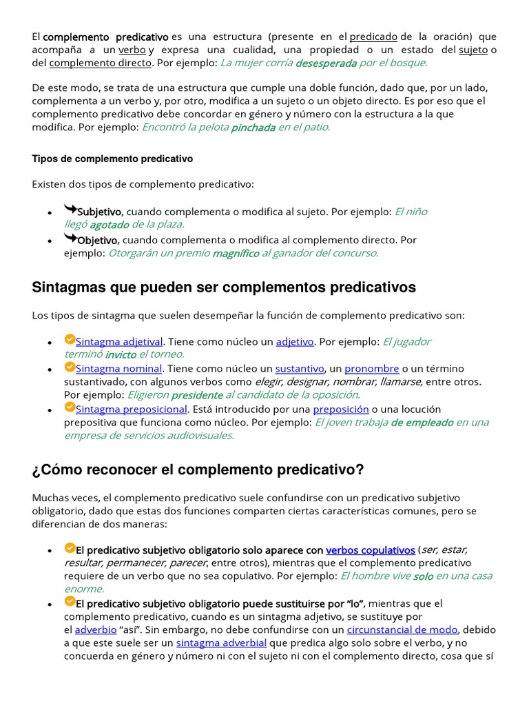 Complemento Predicativo: Tipos y Ejemplos | PDF | Asunto (gramática) | Mecánica del lenguaje