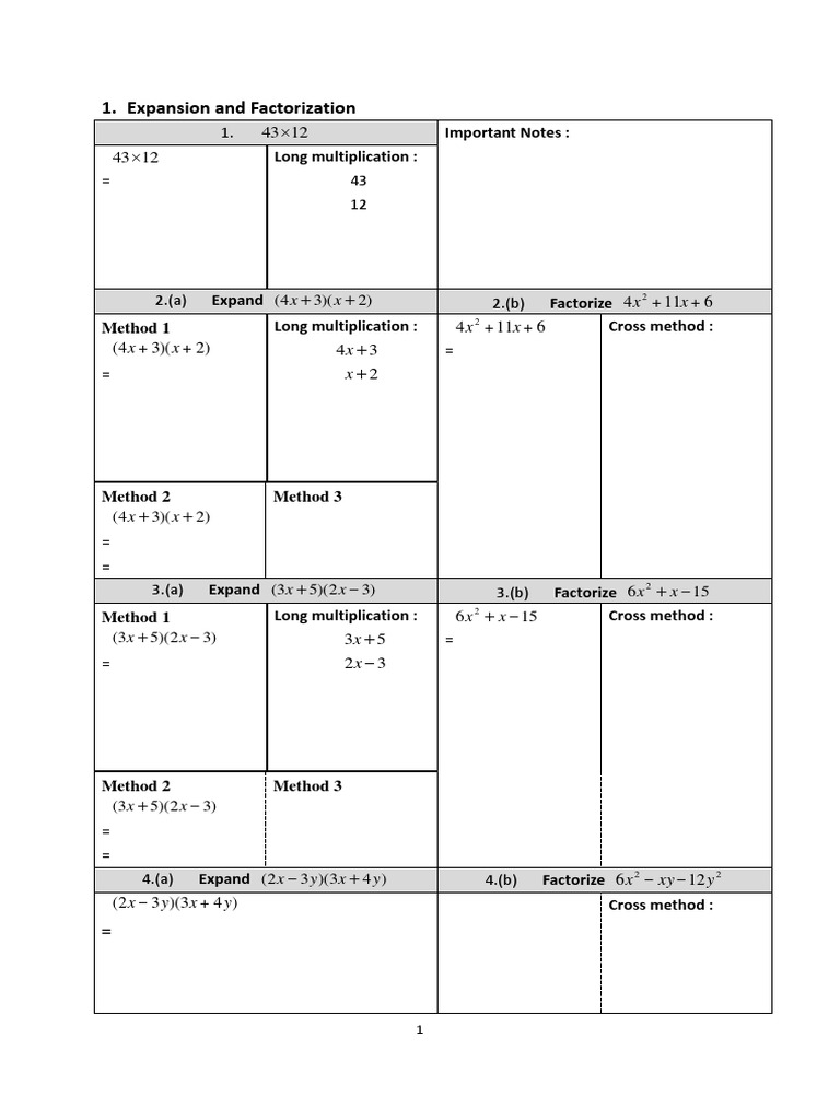 Expansion and Factorization: Important Notes: Long Multiplication | PDF ...