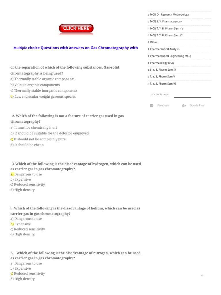 Multiple Choice Questions on Gas Chromatography Techniques and ...