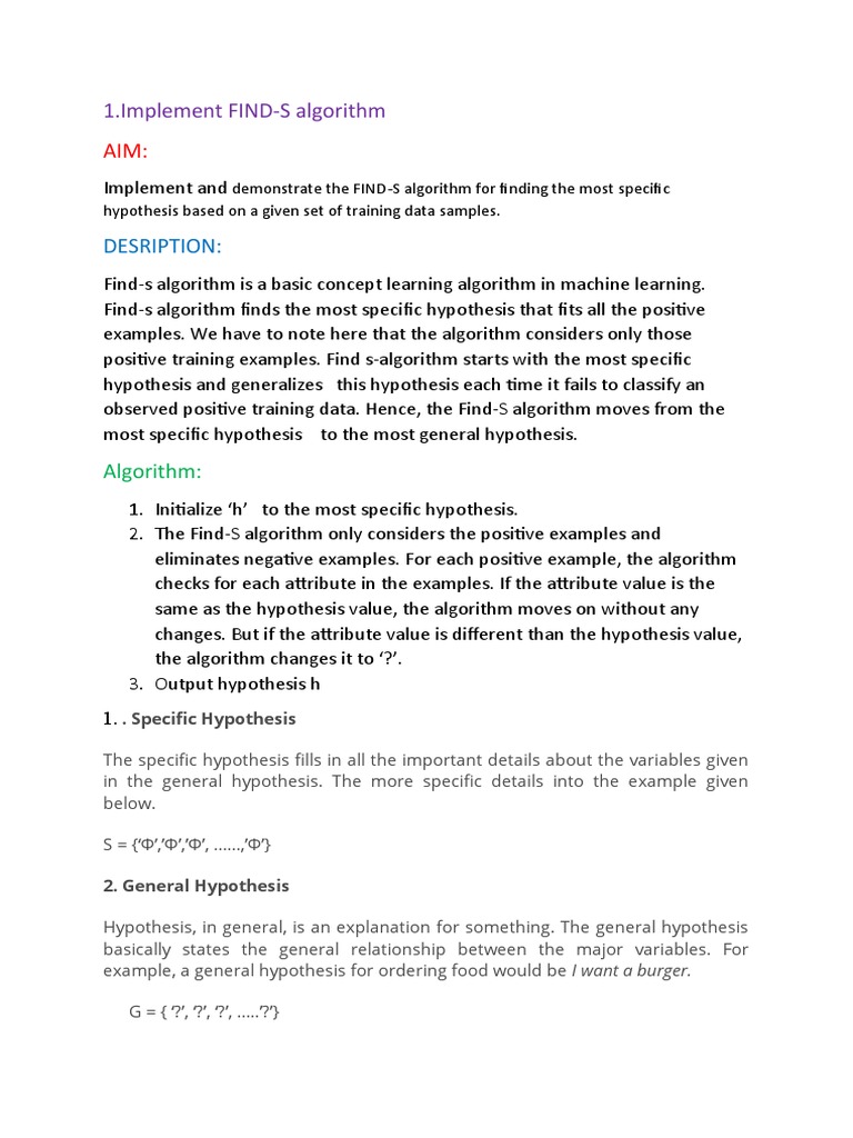 1.implement FIND-S Algorithm: Desription | PDF | Statistical ...