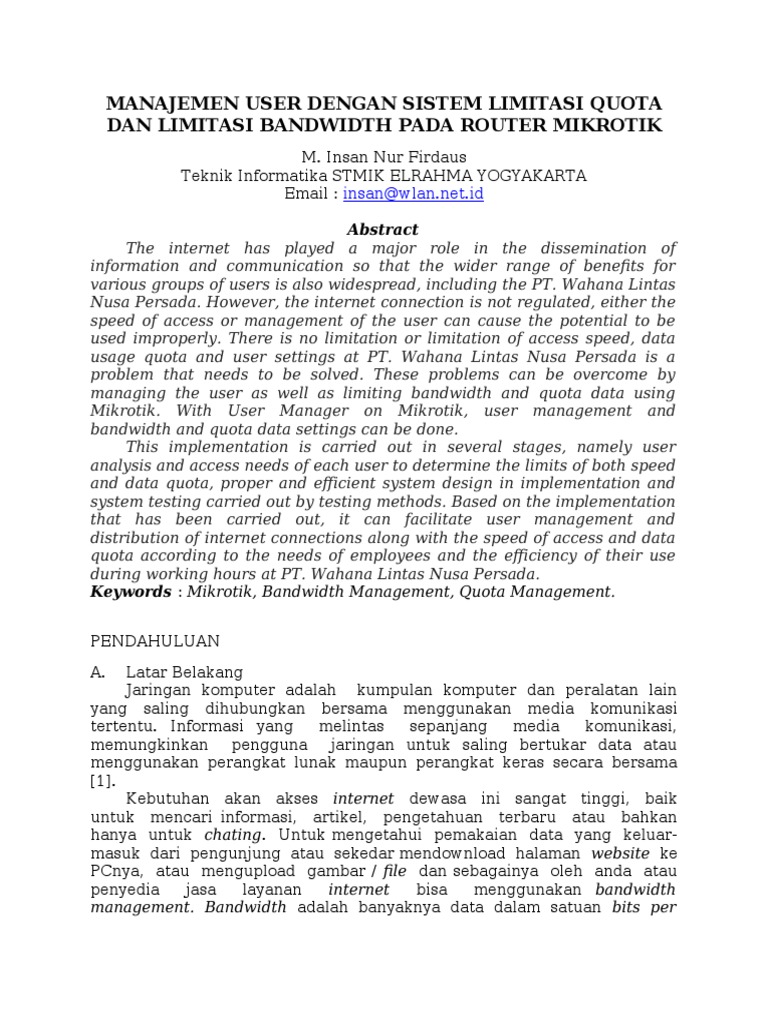 Manajemen User Dengan Sistem Limitasi Quota Dan Limitasi Bandwidth Pada Router Mikrotik | PDF ...