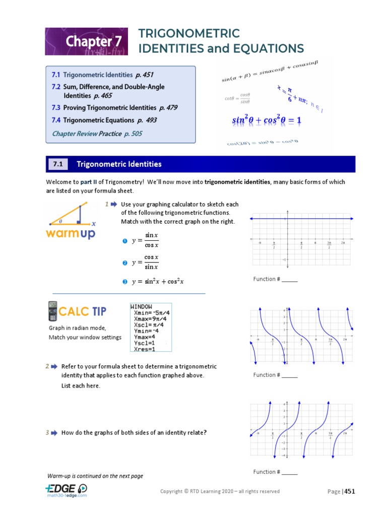 7.1 - Trigonometric Identities Math 301 | PDF | Trigonometric Functions ...