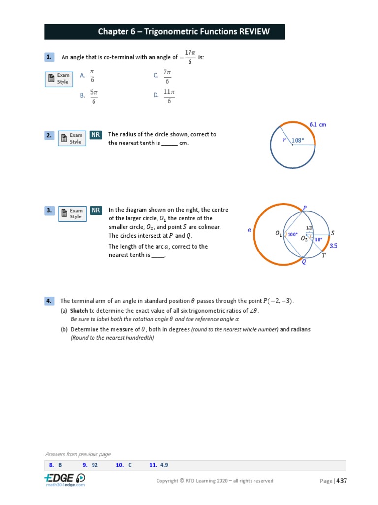 Chapter 6 Review Questions Math 30-1 Trigonometric Functions | Download ...