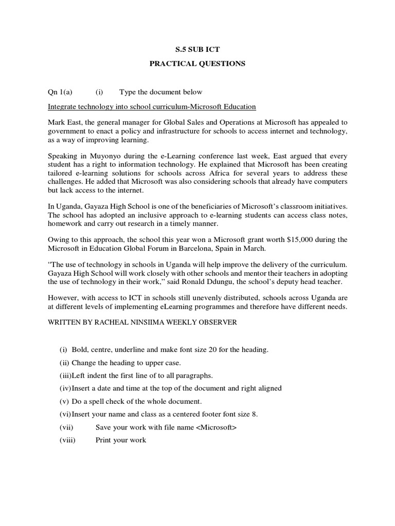 S.5 Sub Ict Practical Questions: Written by Racheal Ninsiima Weekly ...