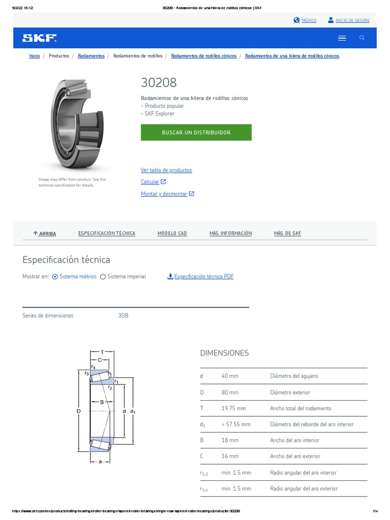 Ficha Tecnica 30208 - Rodamientos de Una Hilera de Rodillos Cónicos - SKF | PDF | Ciencia de la ...
