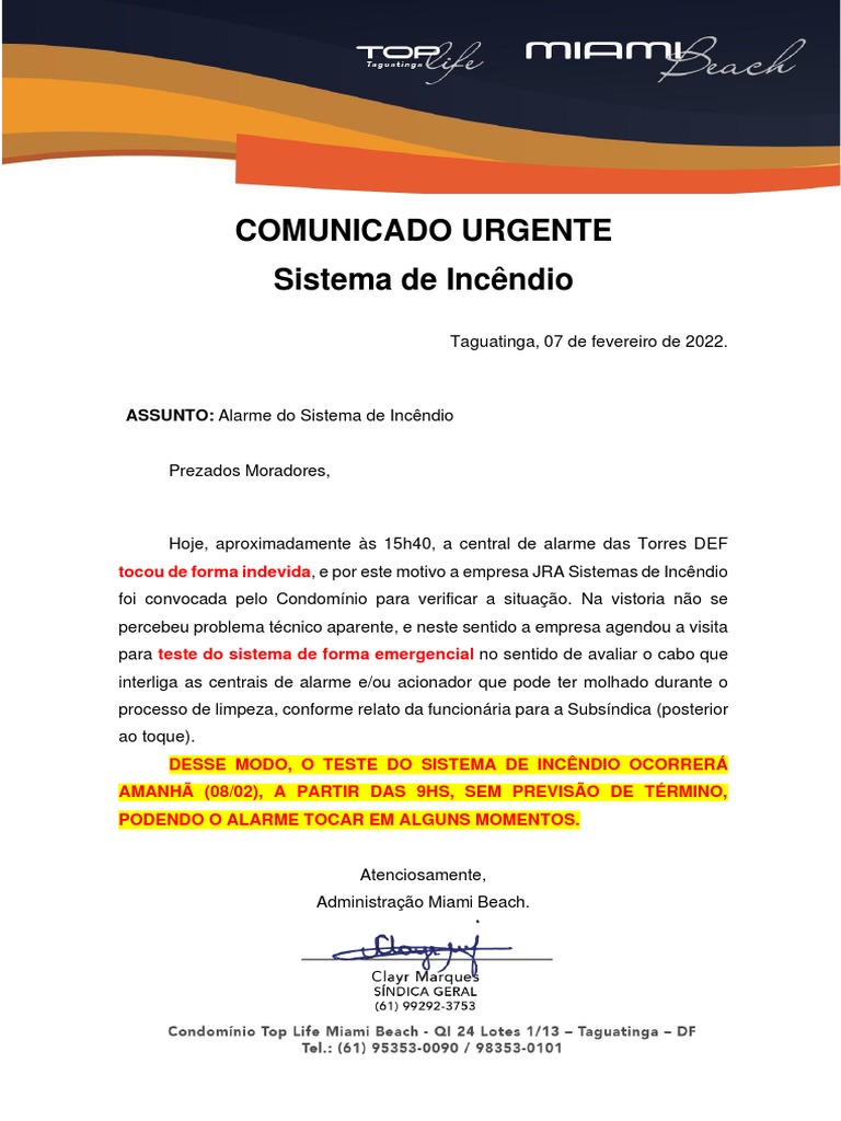 Comunicado Urgente - Sistema de Incêndio | PDF